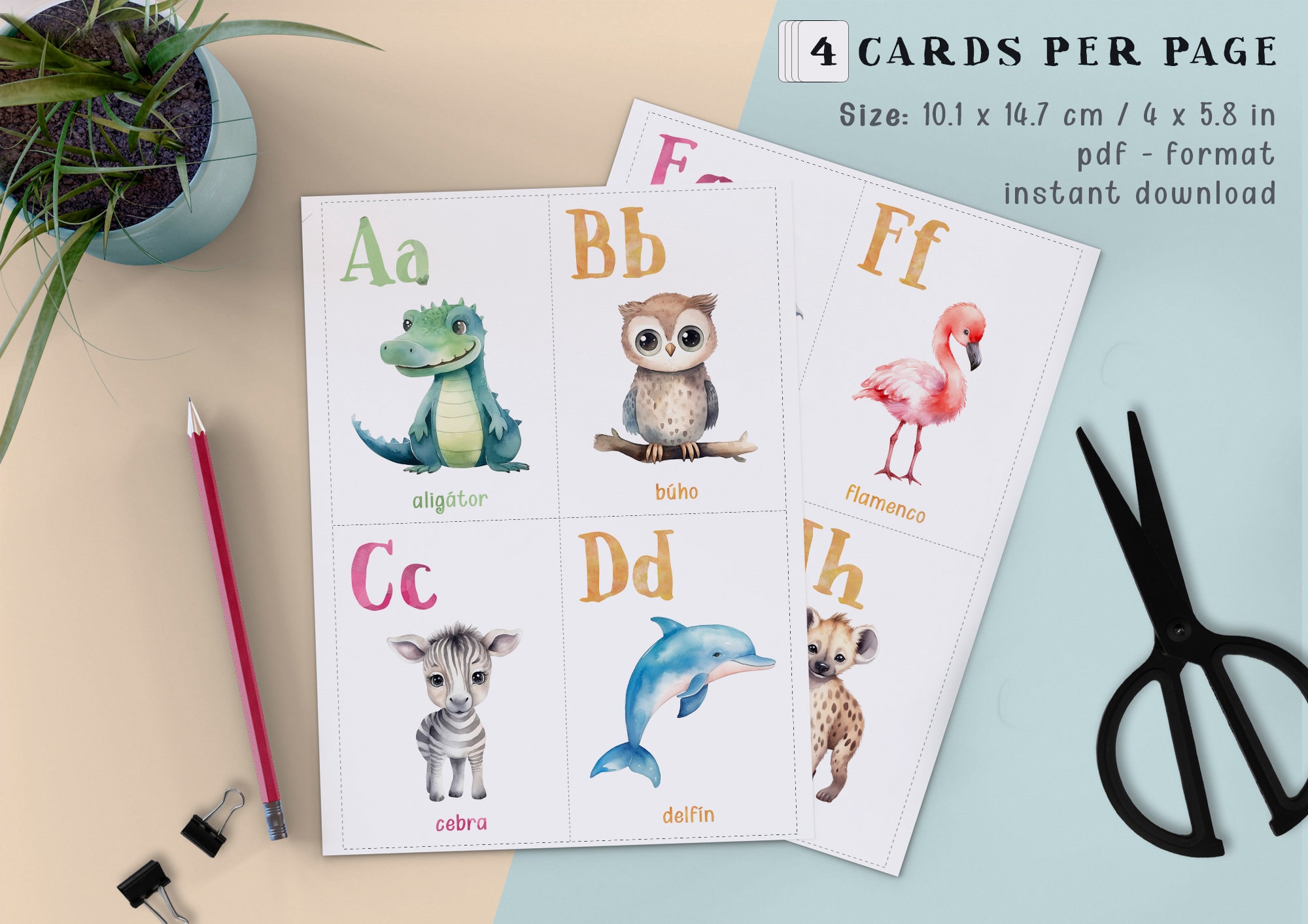 Printable Spanish Alphabet Flashcards, Cute Animal Abcs A4, Watercolor ...