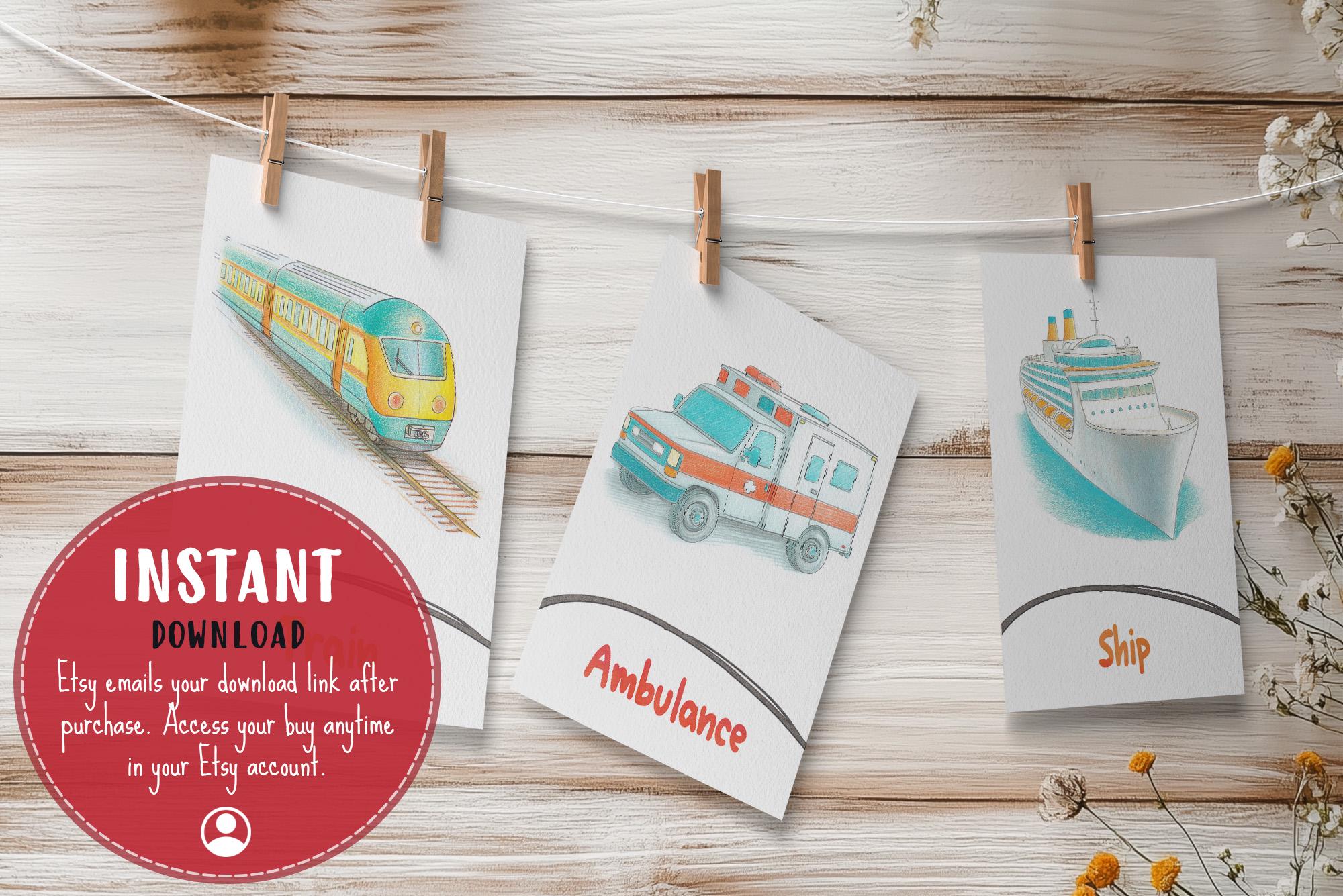 Transport Flashcards Kids | Printable Vehicle Learning Cards PDF | Cars ...