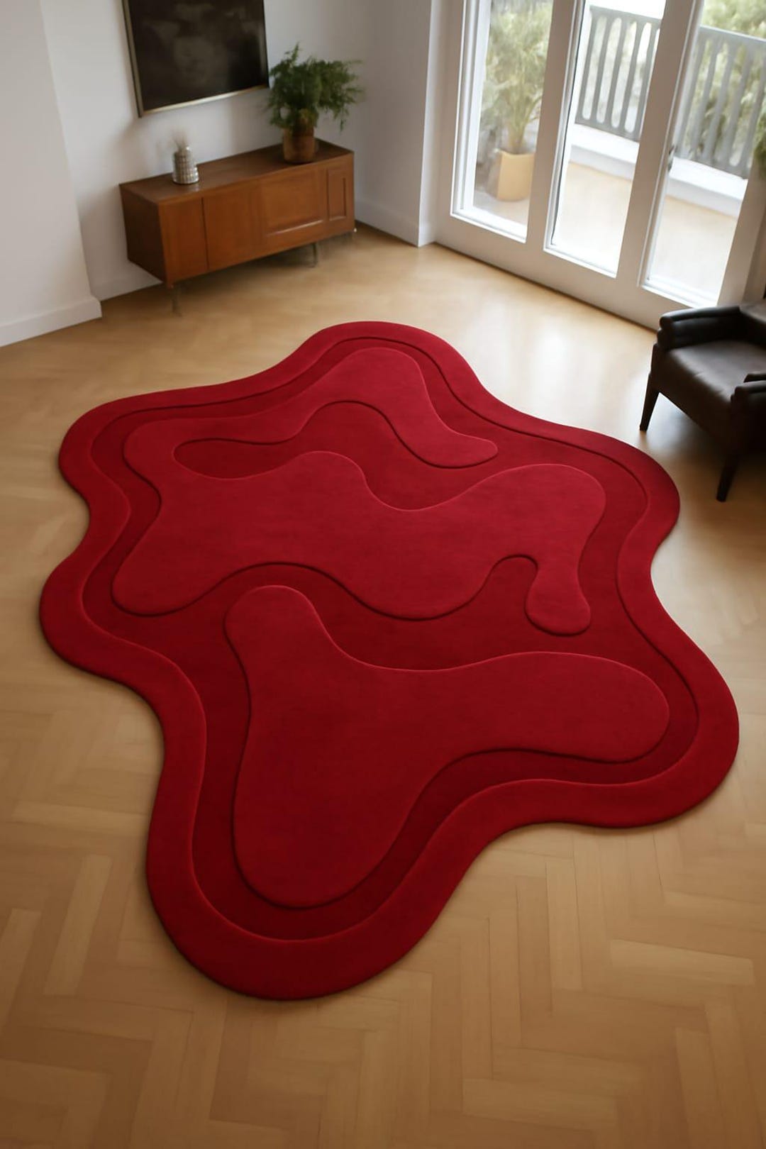Velvet Red Wool Rug: Irregular Shape, Modern Home Decor for Living Room ...