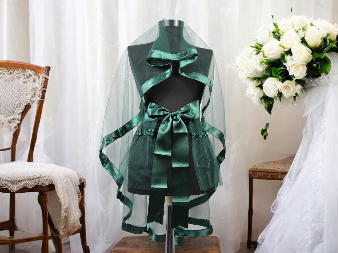 Green Bridal Veil Set Thick Satin Piping Chiffon Tulle Simple Elegant ...