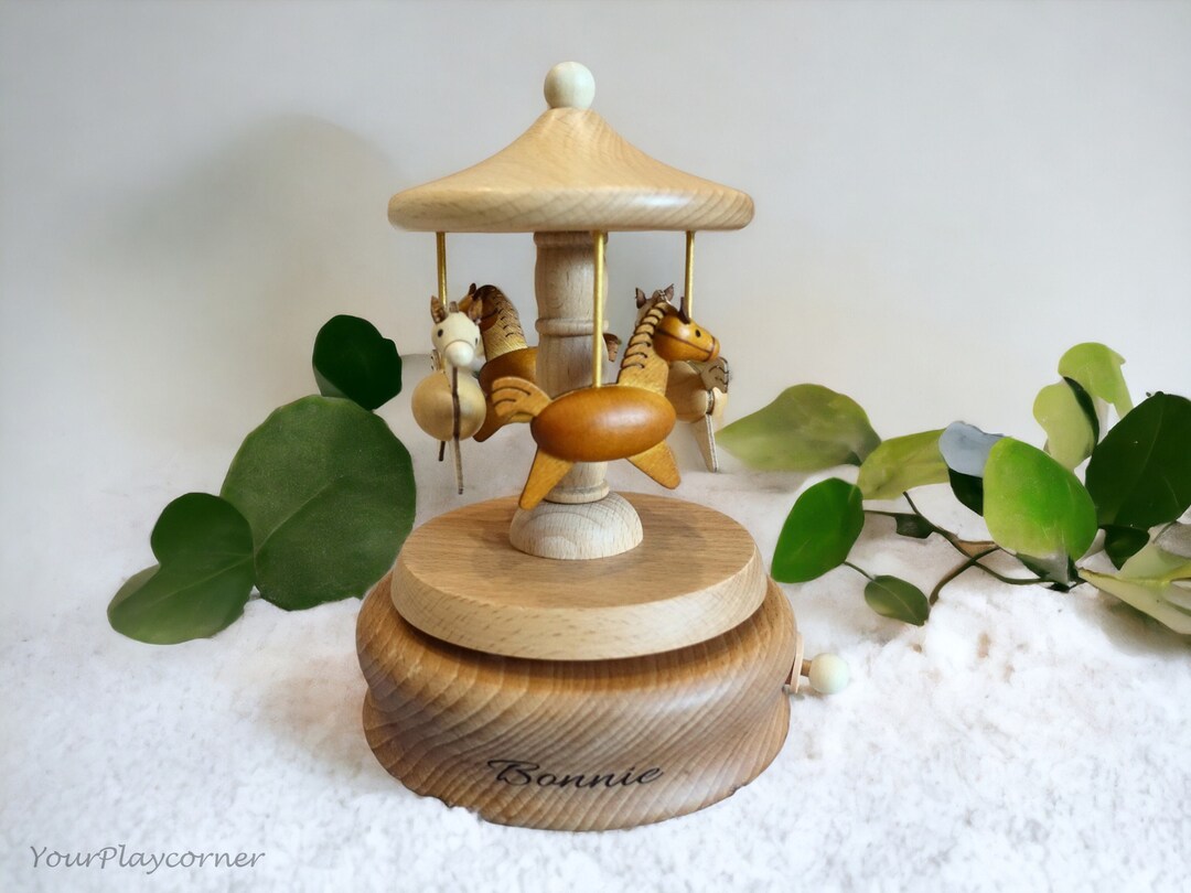 Wooden Handmade Music Box, Personalized Musical Carousel, Engraved Name ...