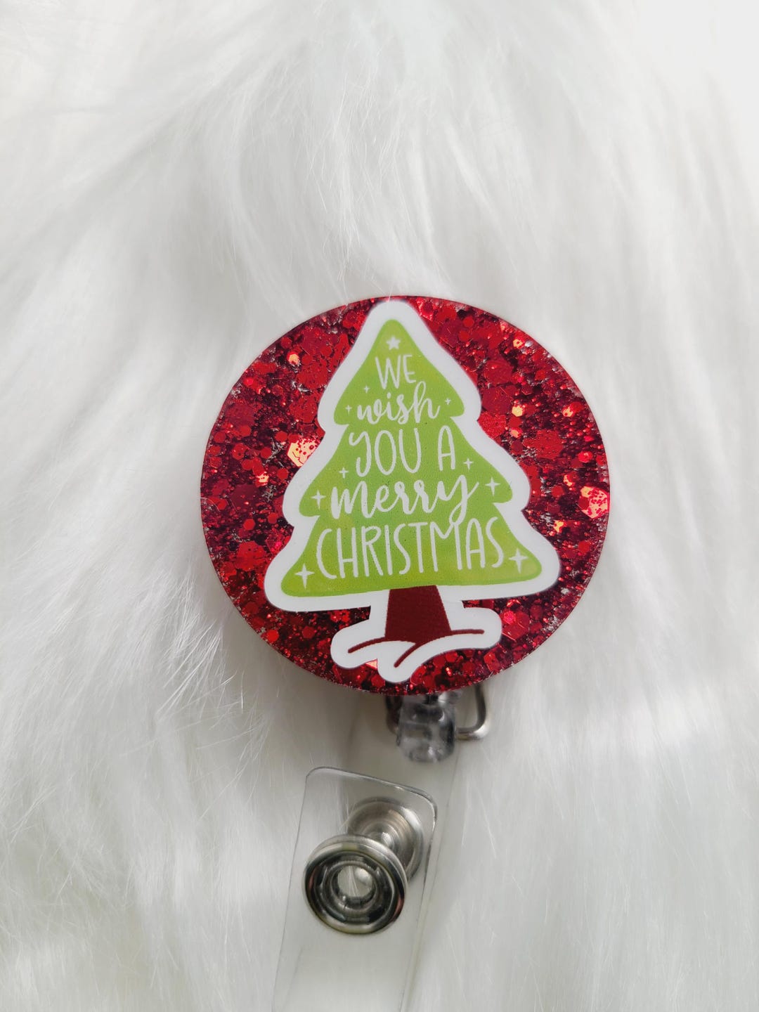 We Wish You A Merry Christmas Tree Badge Reel With Red Glittery Base ...