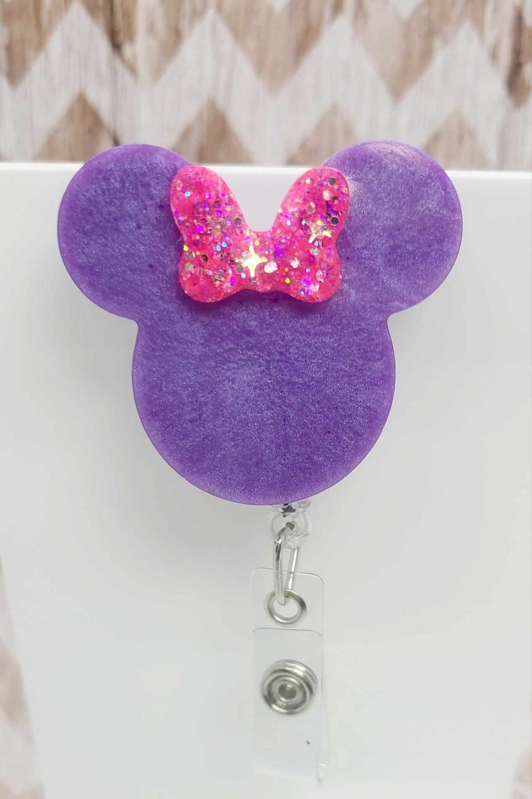 Purple Pearl Mouse With Pink Bow Badge Reel Interchangeable and ...