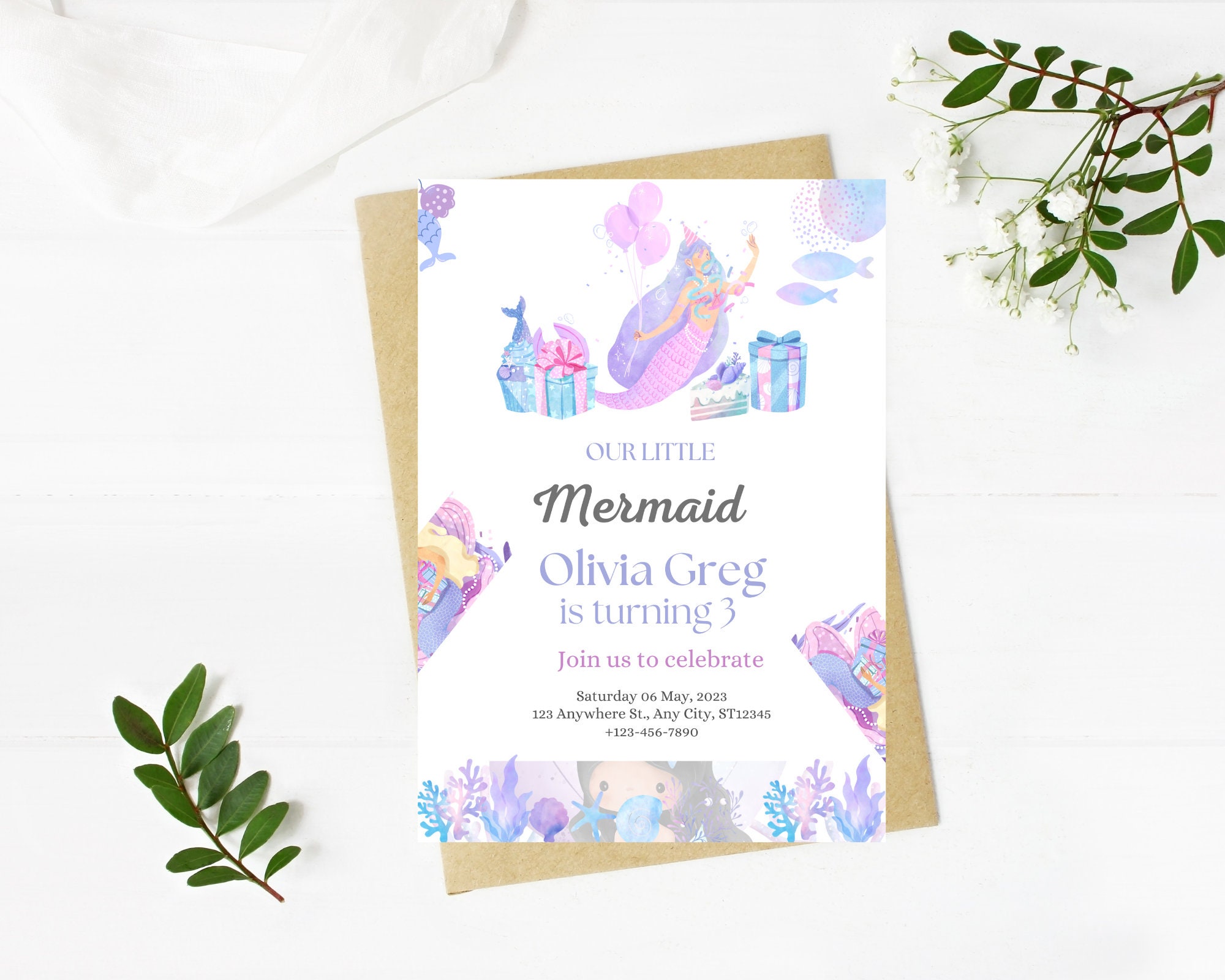 Mermaid Birthday Invitation Card, Editable Party Invitation ...