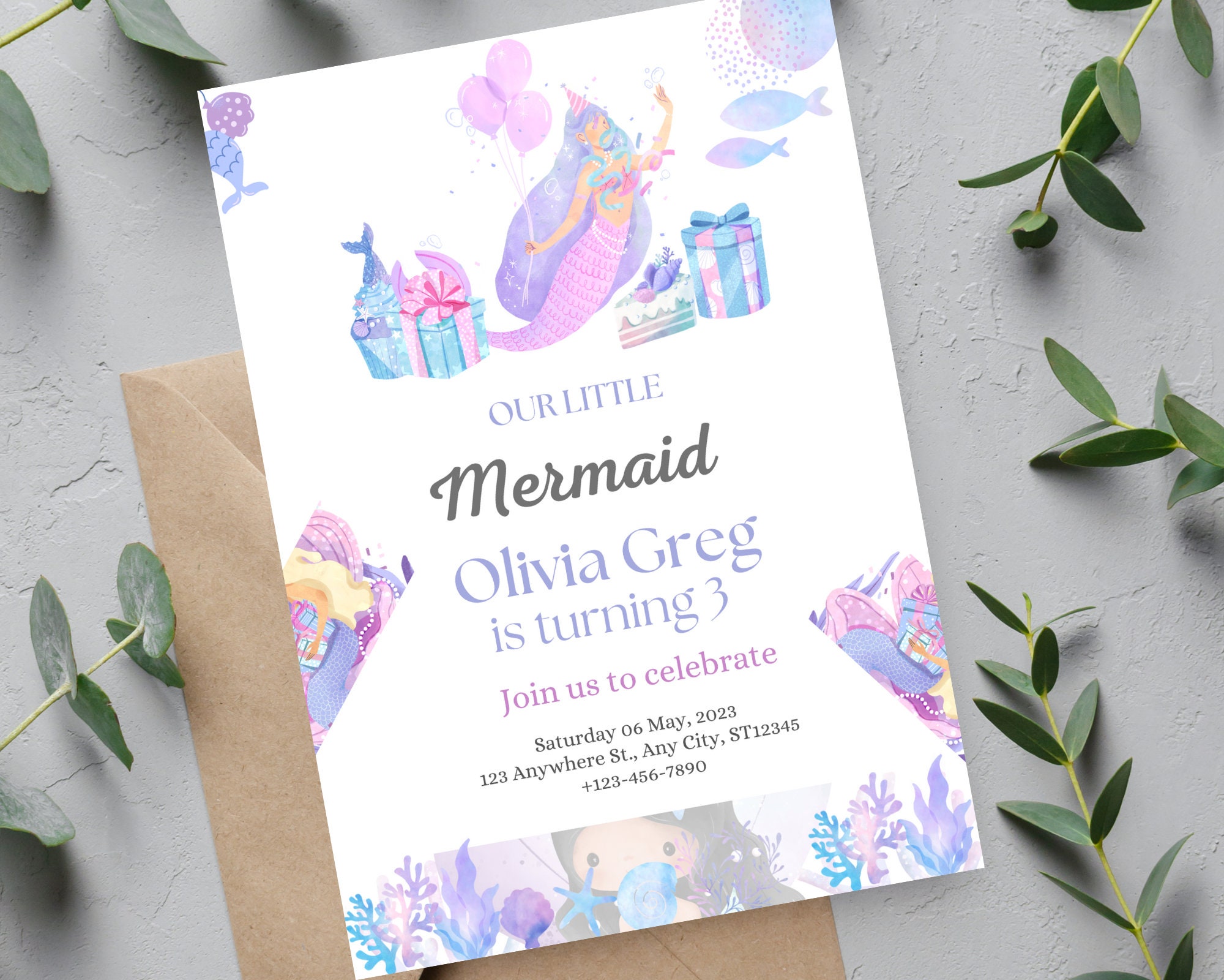 Mermaid Birthday Invitation Card, Editable Party Invitation ...
