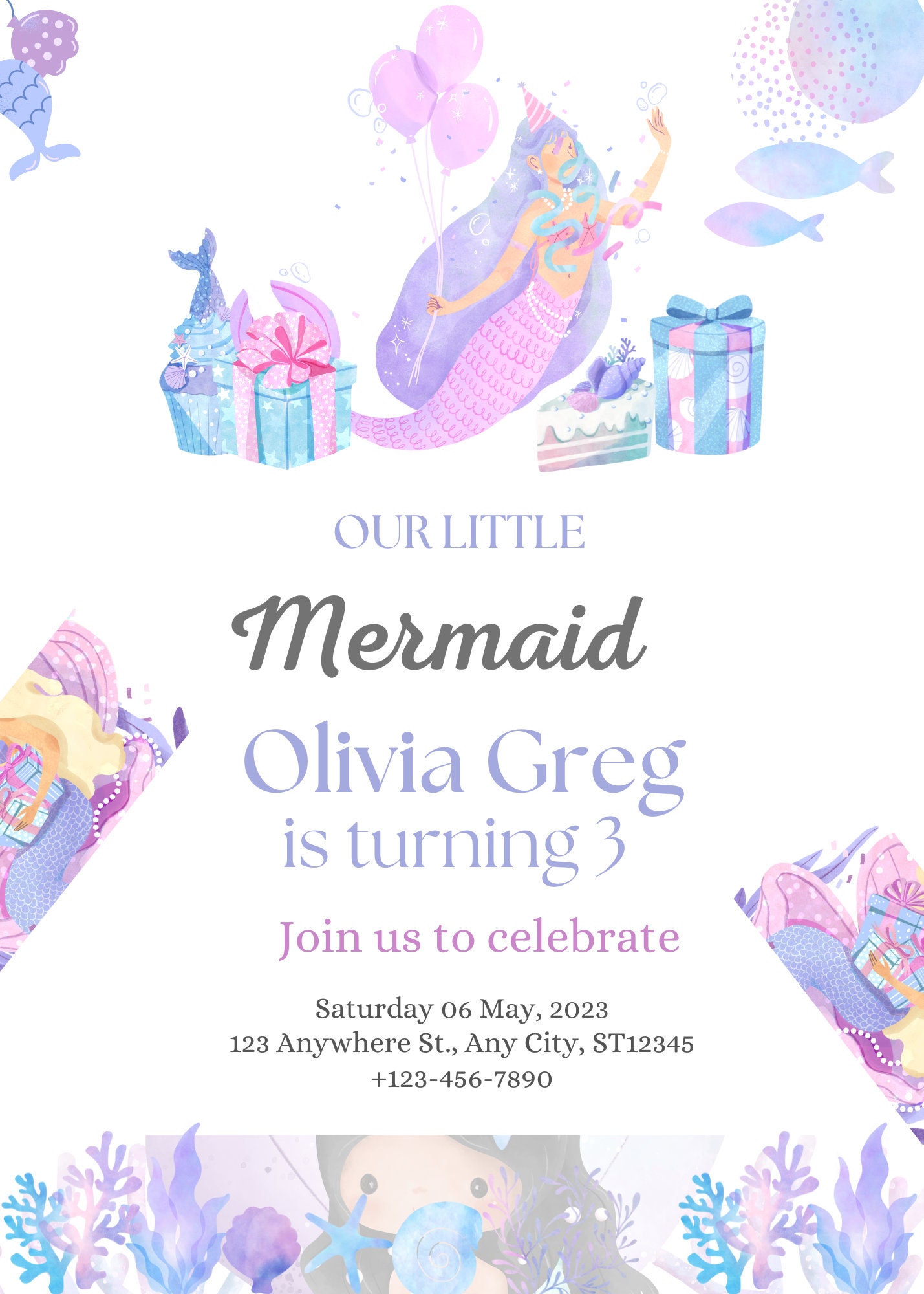 Mermaid Birthday Invitation Card, Editable Party Invitation ...