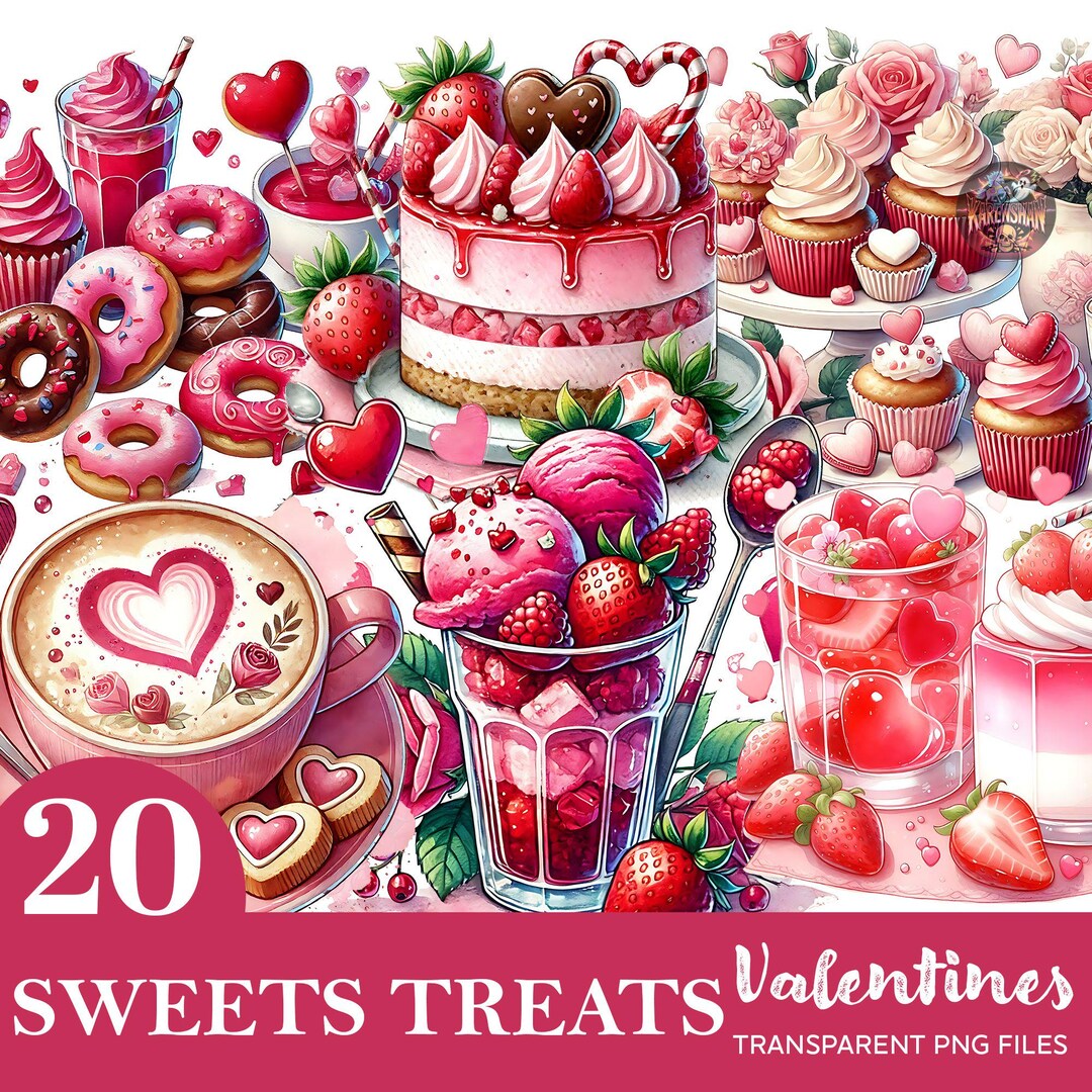 Sweets Treats Clipart Bundle, 20 PNG Valentine, Love Heart Clipart ...