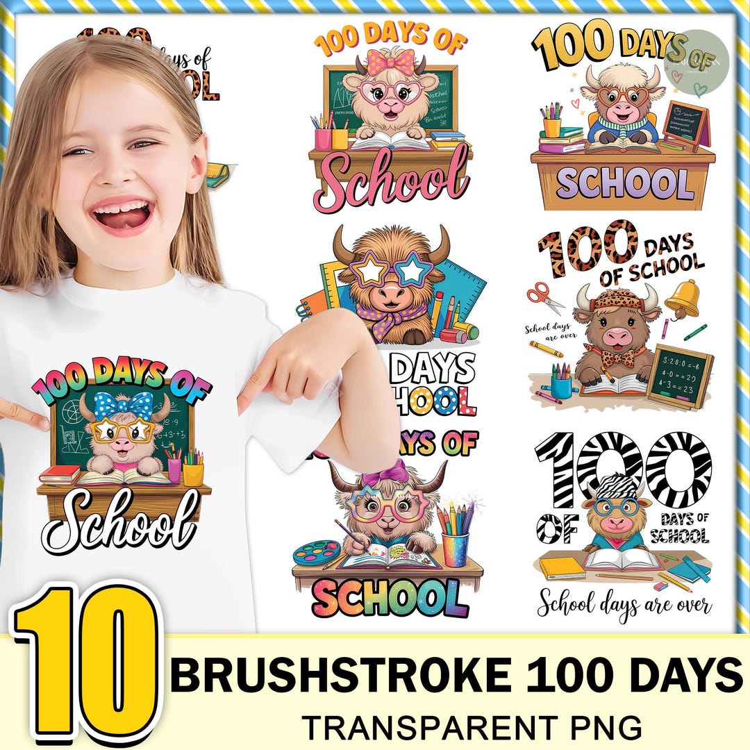 10 100 Days of School Clipart, Teacher 100 Days Png Bundle, Brushstroke ...