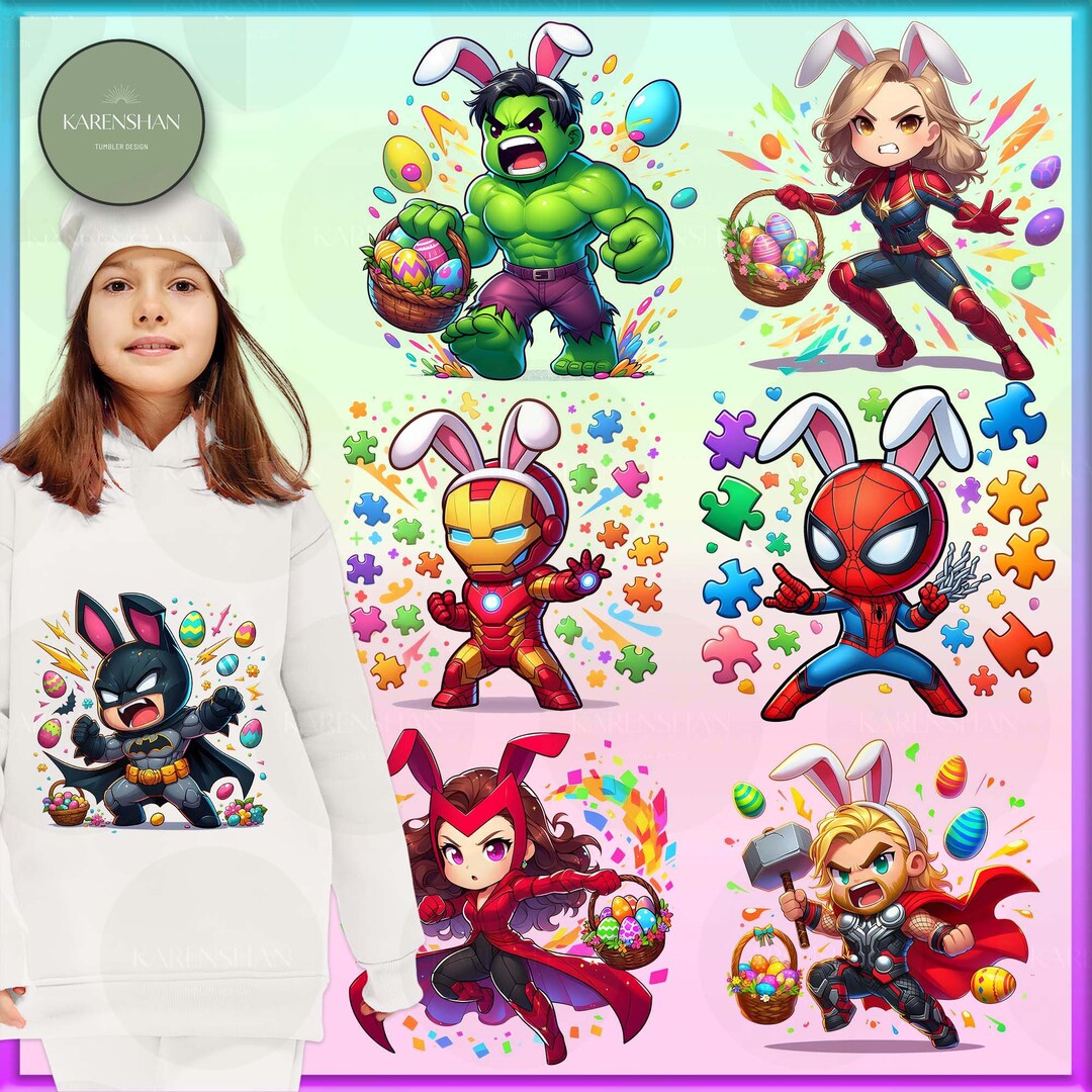 10 Superhero Easter Cartoon PNG Bundle, Happy Easter Day Png, Funny ...