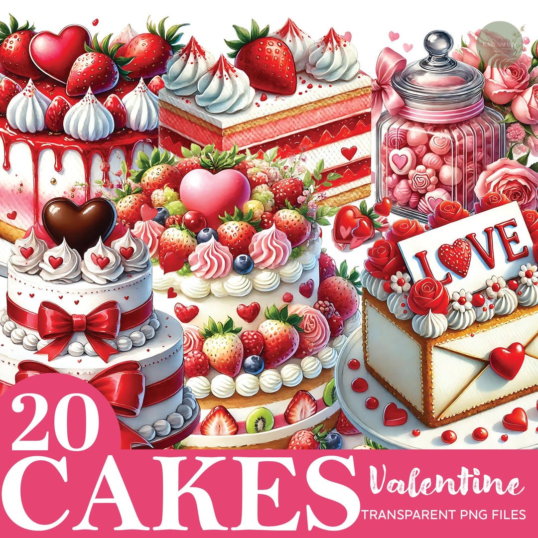 20 Watercolor Valentines Cakes Clipart Bundle, Valentine Day Dessert ...