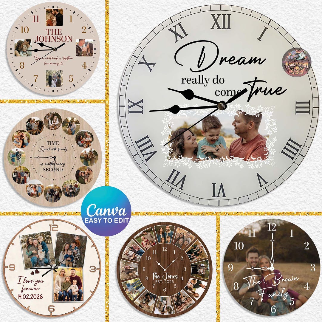 Round Clock Canva Template, 6 PNG Personalized, Custom Family Editable ...