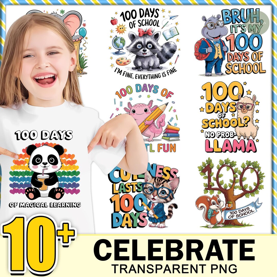 10 100 Days of School Cute Animal Clipart, Happy 100 Days Png Bundle ...