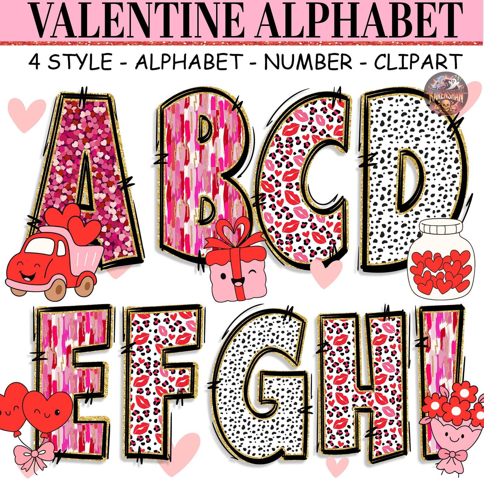 Valentine Alphabet Png Bundle, 4 PNG Valentine Letters, Valentines ...