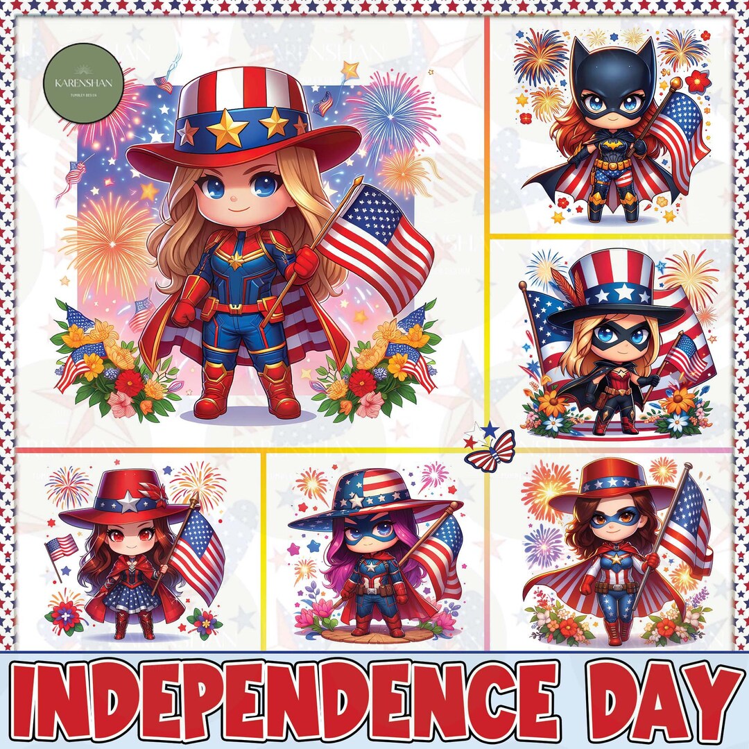 6 Superhero Fourth of July PNG Bundle, Superhero Independence Day, Red ...