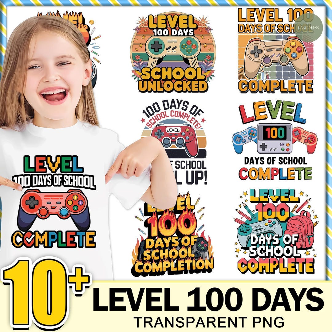 10 Level 100 Days of School Complete Clipart, 100 Days Gamer Png Bundle ...