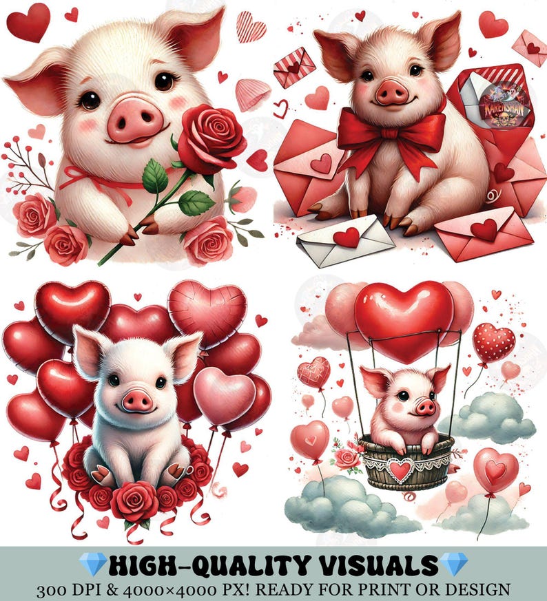 Cute Pig Clipart Bundle, 20 PNG Valentine Day, Funny Pig Clipart ...