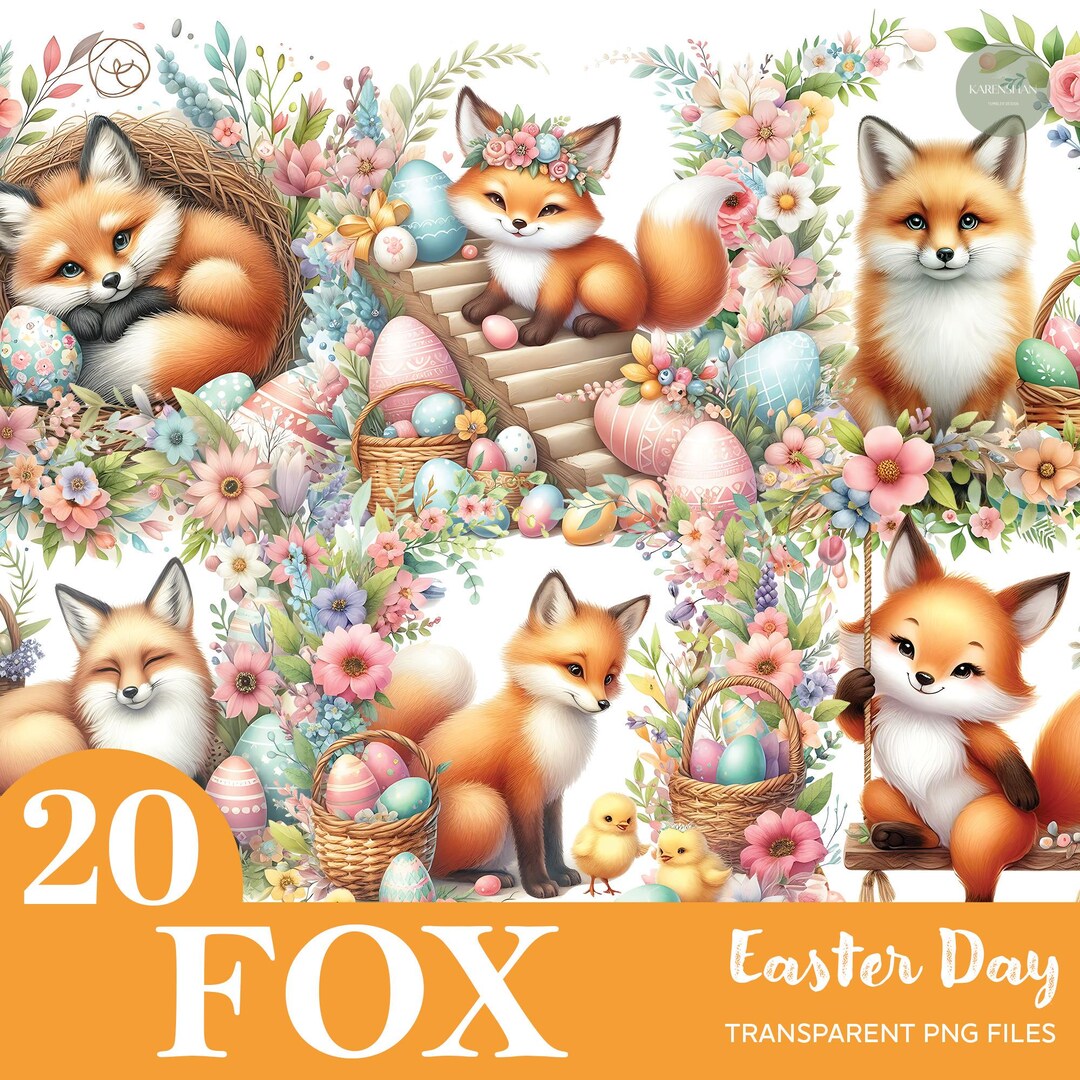 20+ Easter Fox Floral Clipart PNG, Watercolor Easter Fox Clipart PNG ...