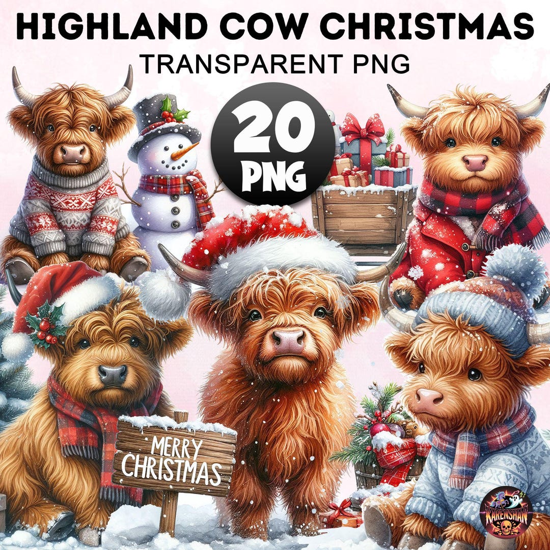 20+ Watercolor Christmas Highland Cow Clipart Bundle , Cute Snowy ...