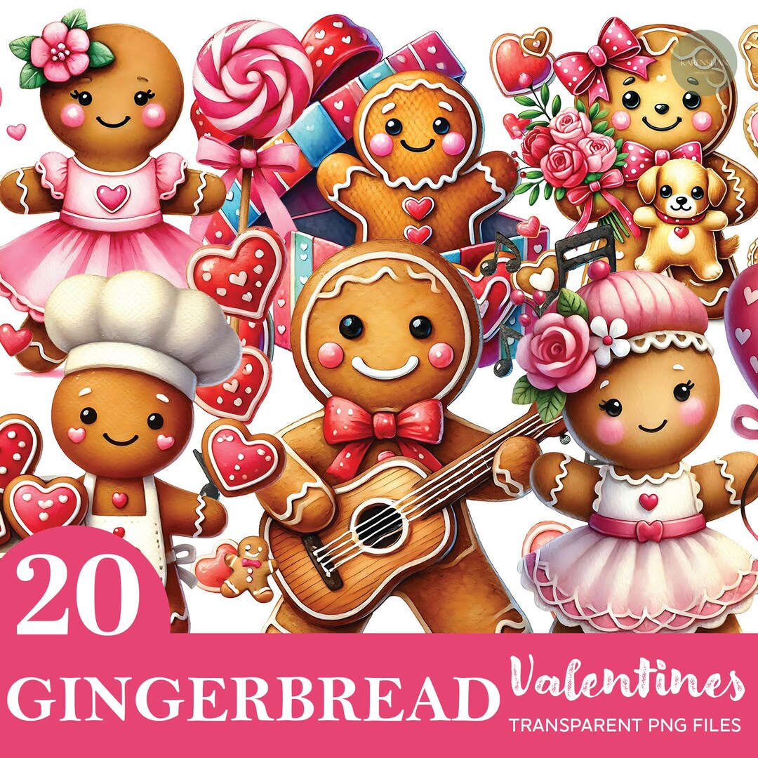 20 Watercolor Valentines Gingerbread Clipart Bundle, Cookie Png, Sweet ...