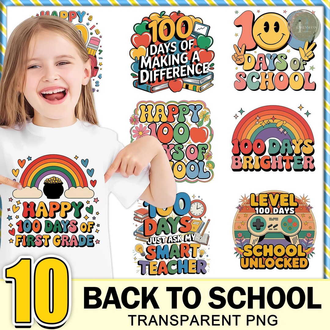 10 Happy 100 Days of School Clipart, Retro 100 Days Png Bundle, Back to ...