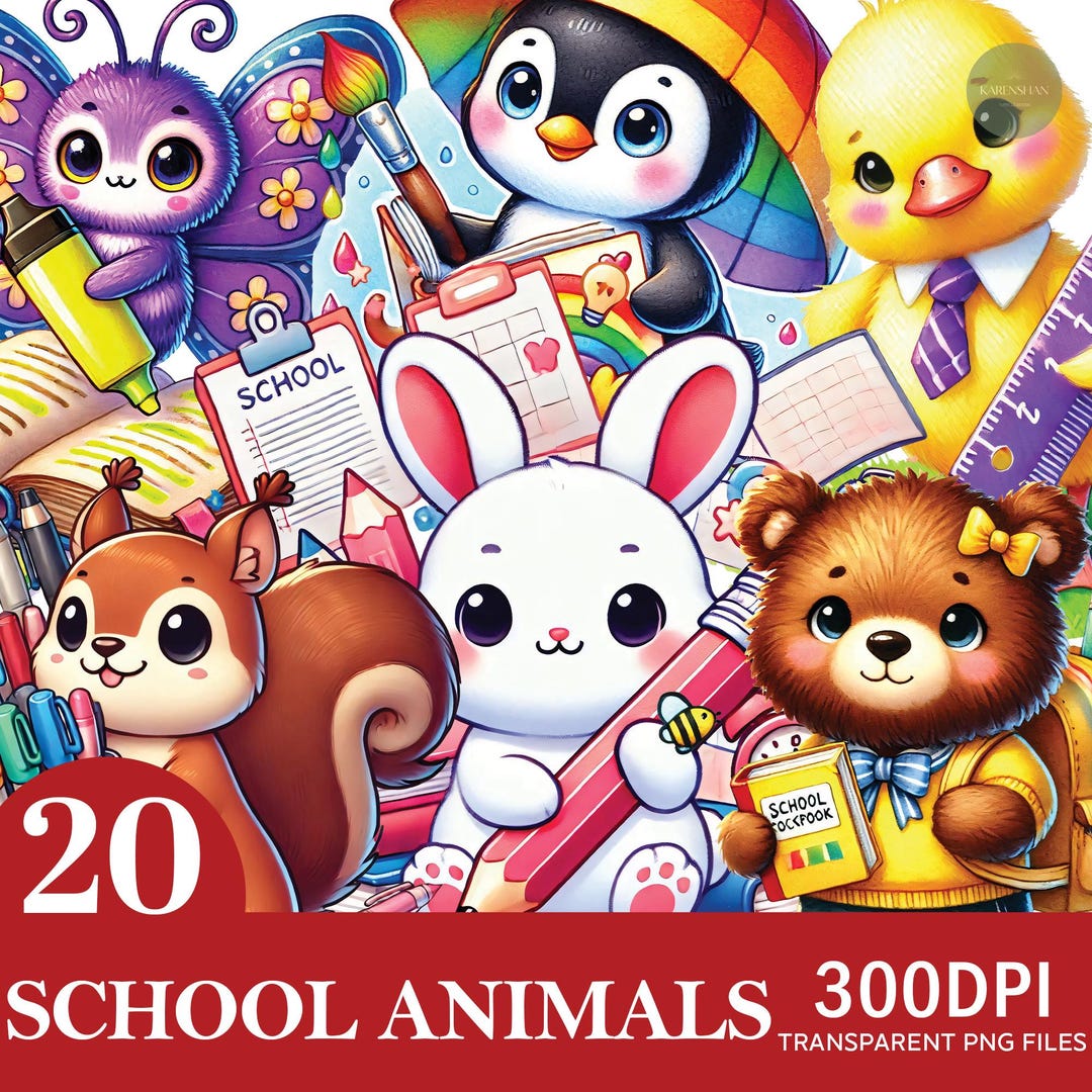 20 School Animals Clipart, 100 Days of School Png Bundle, Cute Kids ...