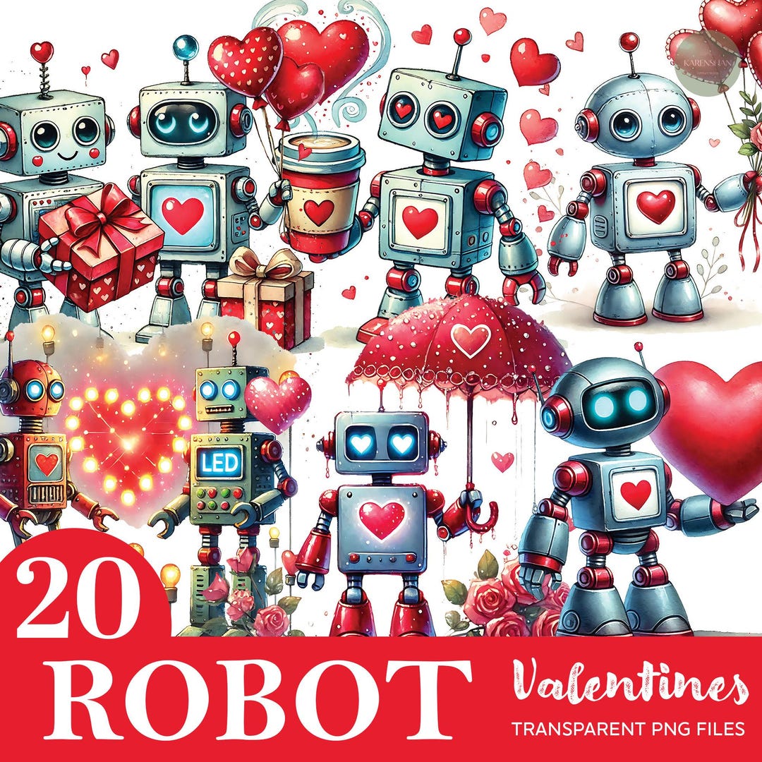 20 Watercolor Valentines Robot Clipart Bundle, Cute Robot Png ...