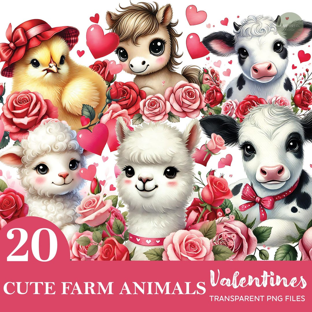 20 Watercolor Cute Valentines Farm Animals Clipart Bundle, Cute Farm ...