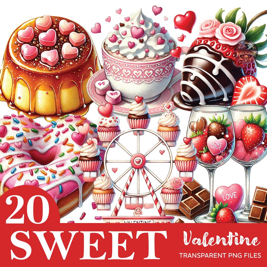 Sweet Heart Clipart Bundle, 20 PNG Valentine Day, Pink Dessert Clipart ...
