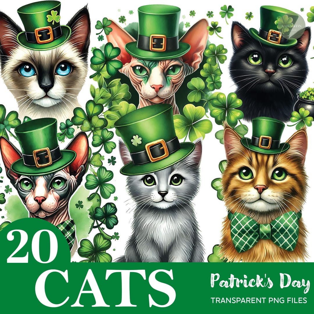 20 Watercolor St. Patrick's Day Cats Clipart, St. Patrick's Day Png, Cute Cats Png Bundle, High ...