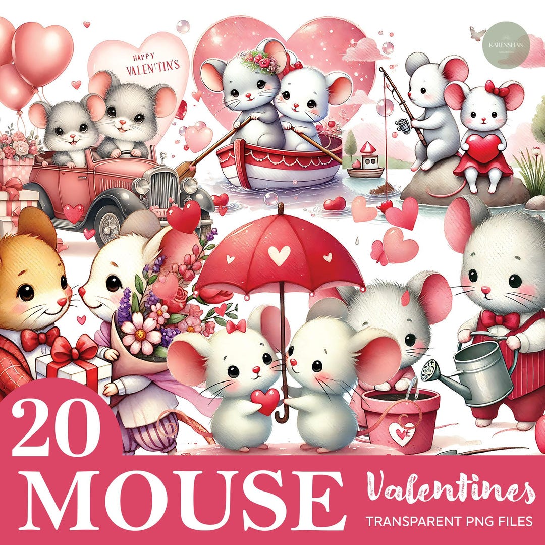 20 Watercolor Valentines Mouse Clipart Bundle, Cute Valentines Mouse ...
