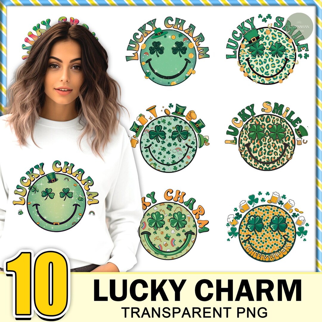 10+ Lucky Charm Smiley Face PNG Bundle, Lucky Clover Shamrock Smiley ...