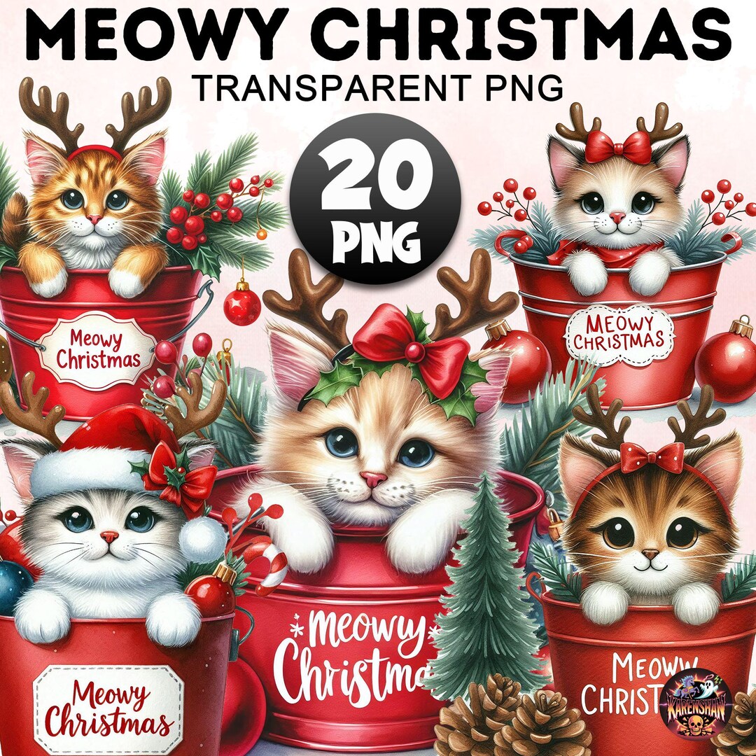 20+ Watercolor Meowy Christmas Clipart Bundle , Cats Christmas Png ...