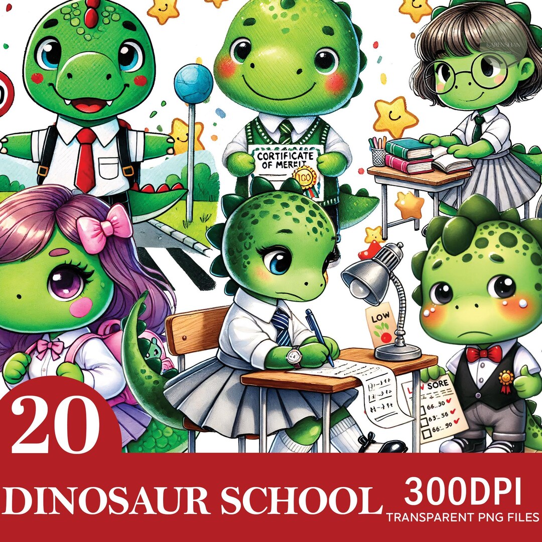 20 Dinosaur Back to School Clipart, School Animals Png Bundle, Cute ...