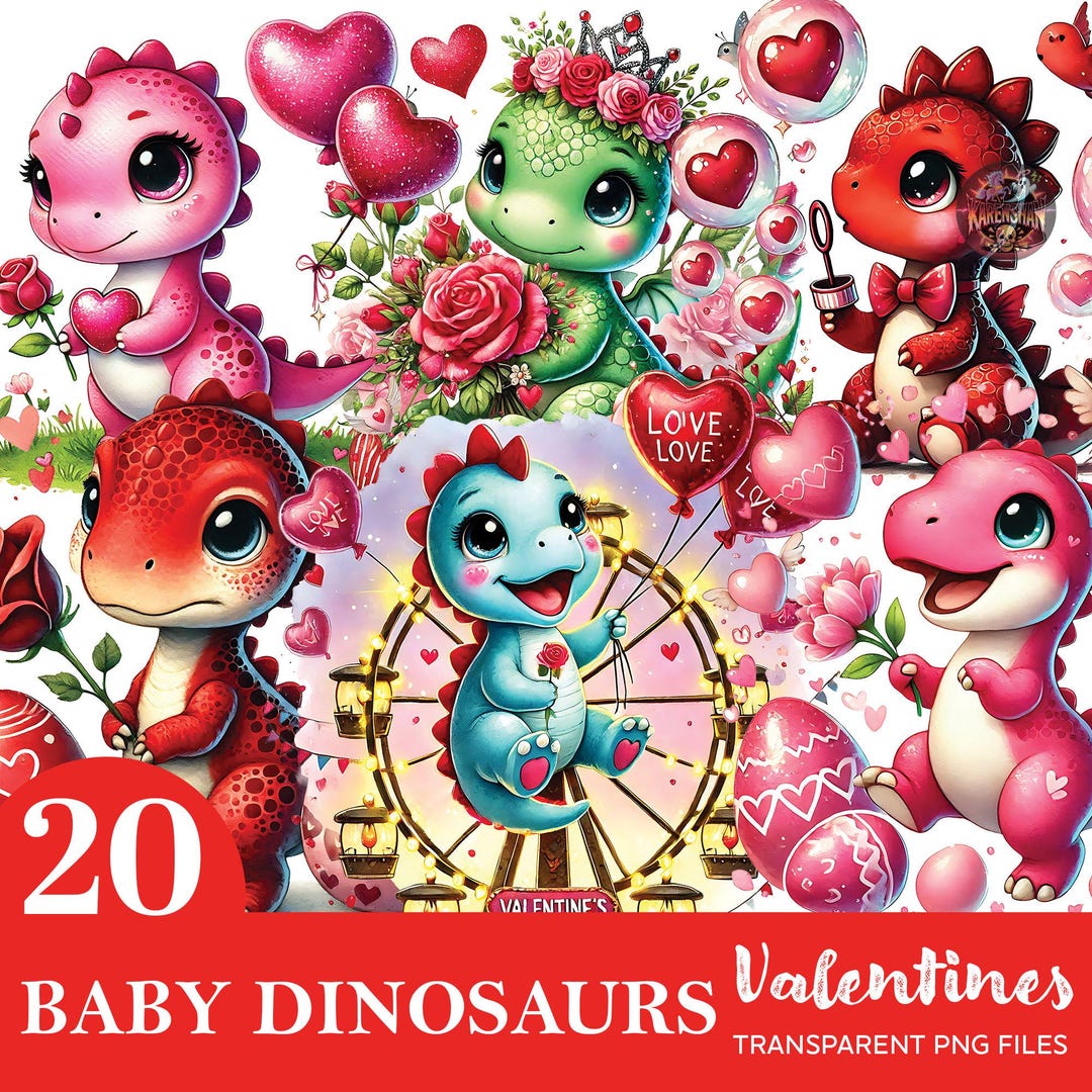 Cute Dinosaurs Clipart Bundle, 20 PNG Valentine, Valentine Dino Clipart ...