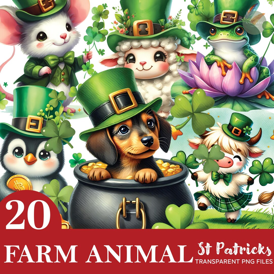 20 Watercolor St Patrick's Day Farm Animal Clipart, Cute Patrick Animal ...