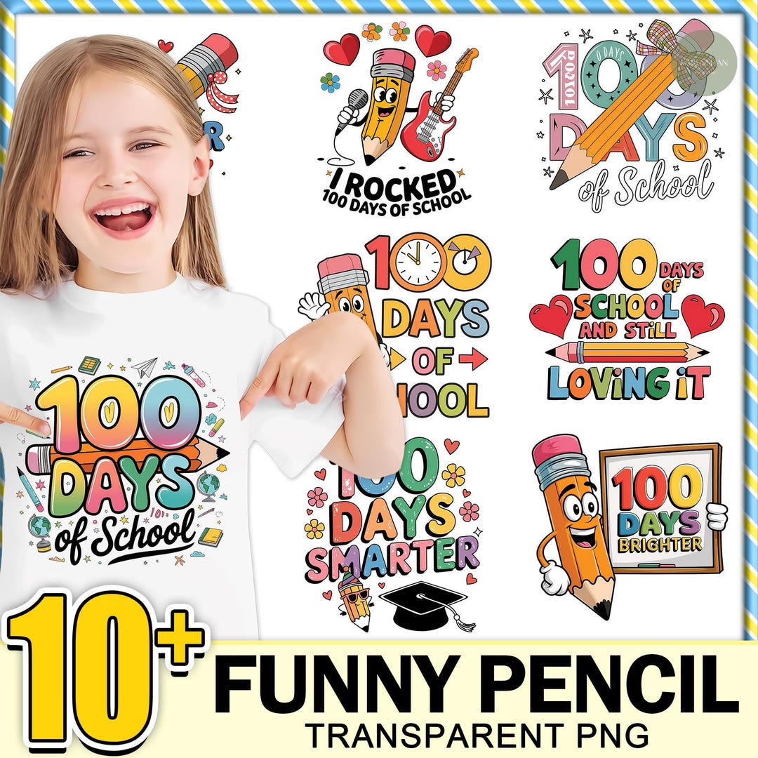 10 100 Days of School Pencil Clipart, Back to School Png Bundle ...