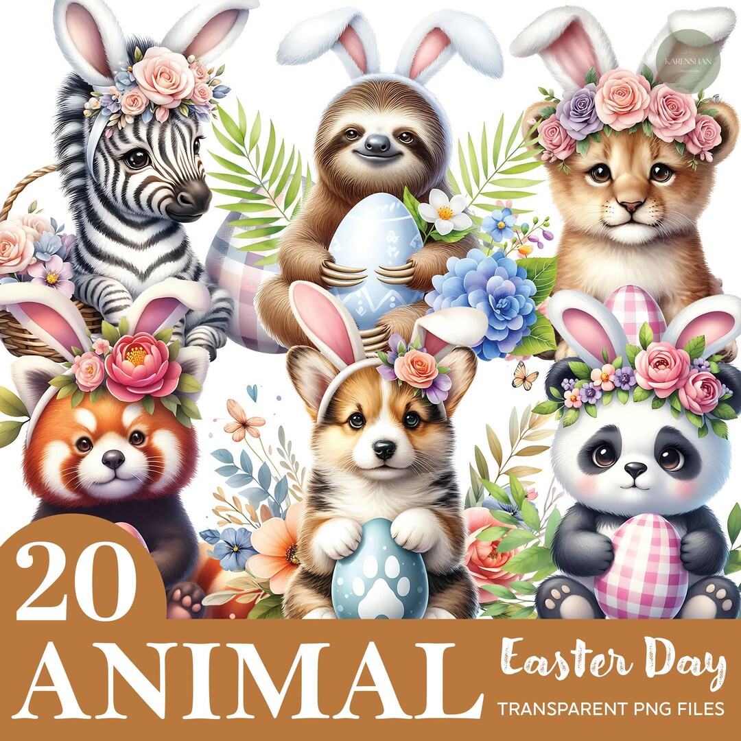 20 Watercolor Easter Animal Clipart PNG, Cute Bunny Ears Animal Clipart ...