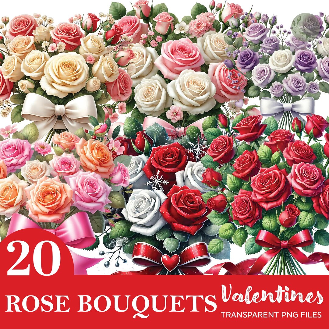 20 Watercolor Valentines Rose Bouquets Clipart Bundle, Pink Roses Png ...