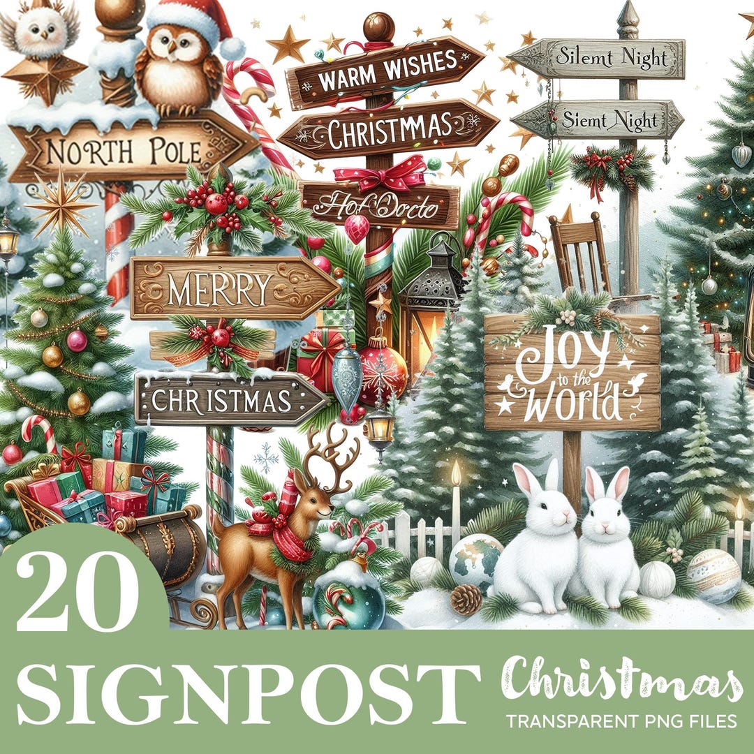 20 Watercolor Christmas Signpost Clipart Bundle, Holiday Signs Png ...