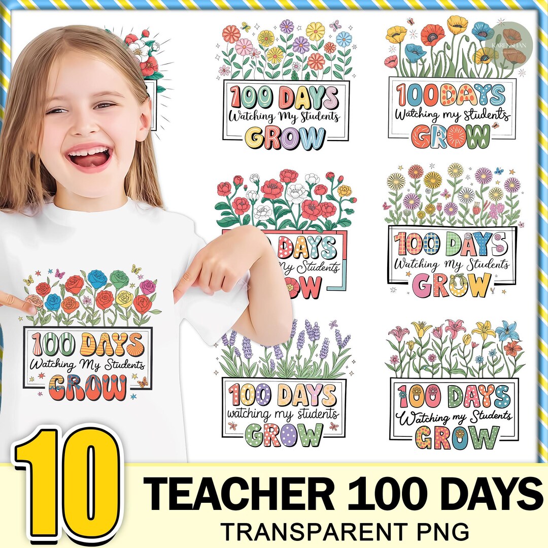 10 Teacher 100 Days School Clipart, Floral School Png Bundle, 100 Days ...