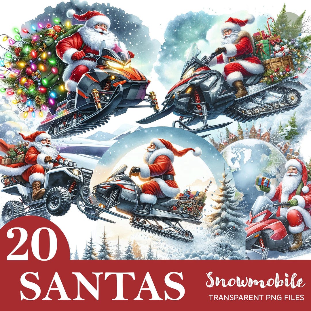 20 Watercolor Santas Snowmobile Clipart Bundle, Santa Snowmobile Png ...