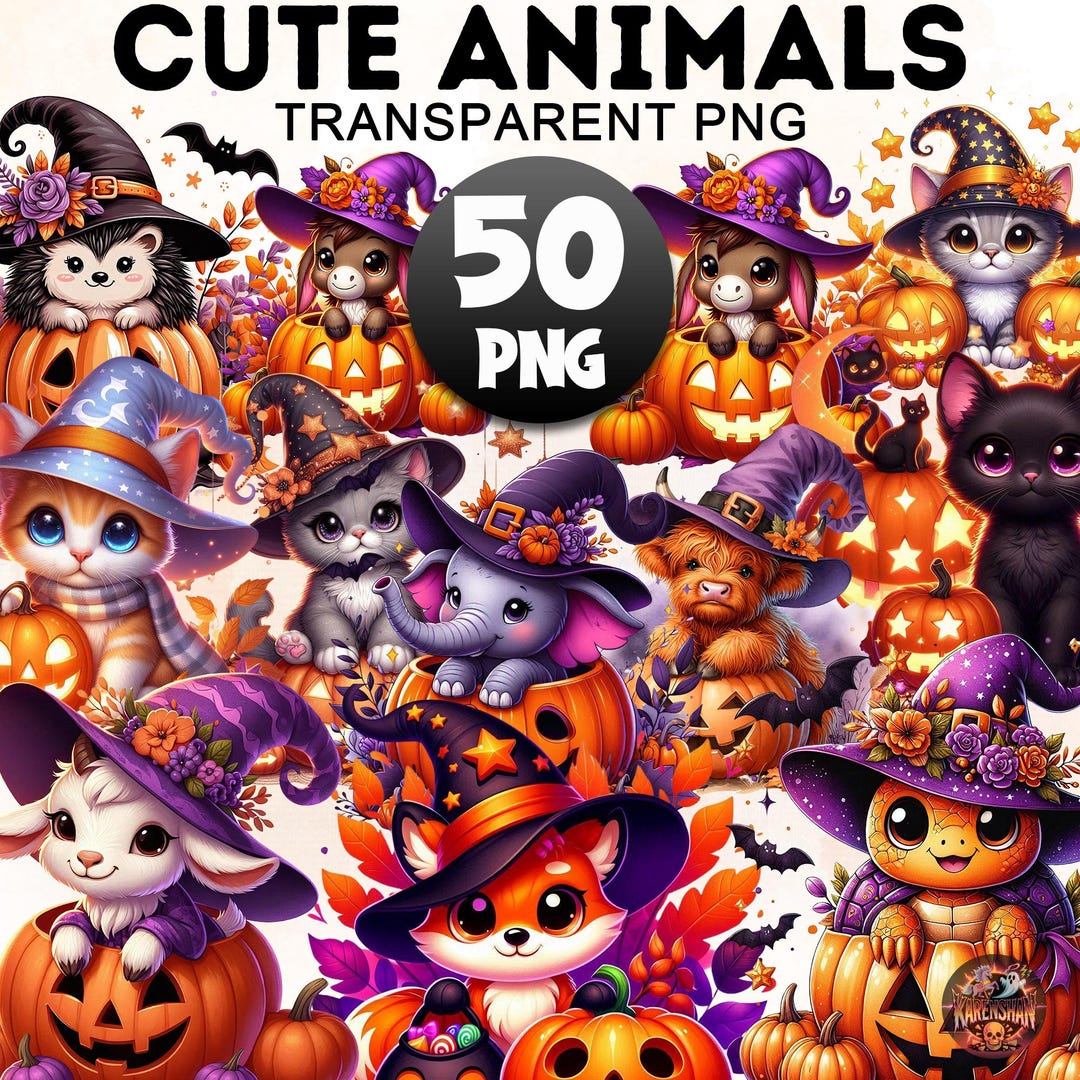 50+ Pumpkin Clipart Bundle, Watercolor Halloween Animals Png, Cute ...