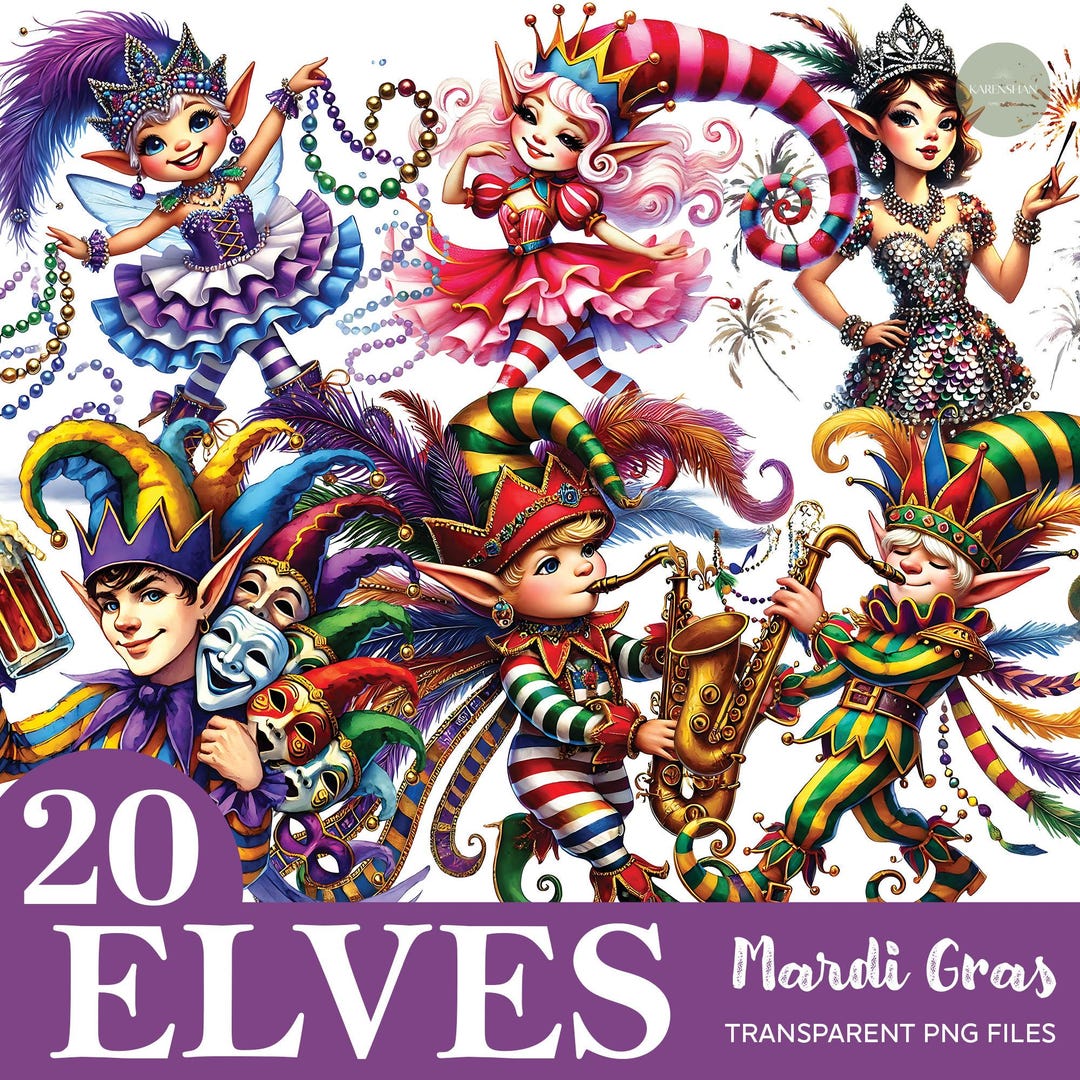 20 Watercolor Mardi Gras Elves Clipart PNG, Festive Elf Clipart PNG ...