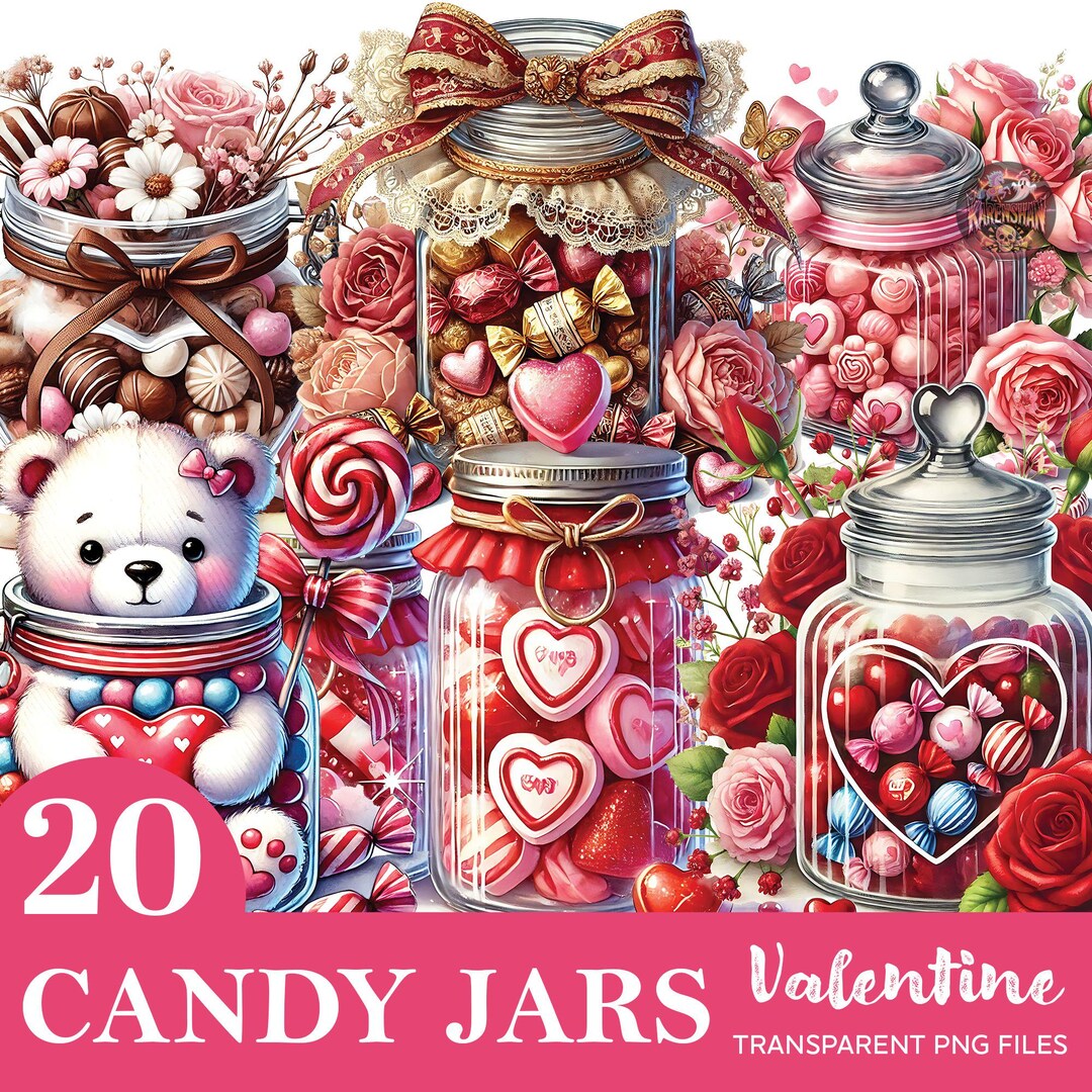Romantic Jar Clipart Bundle, 20 PNG Valentine Day, Candy Hearts Clipart ...