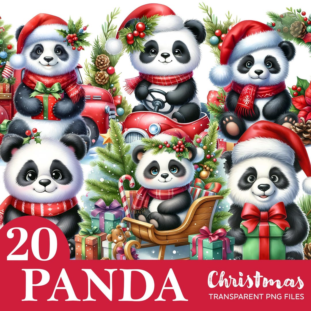 20+ Watercolor Christmas Panda Clipart Bundle, Baby Panda Png, Cute ...