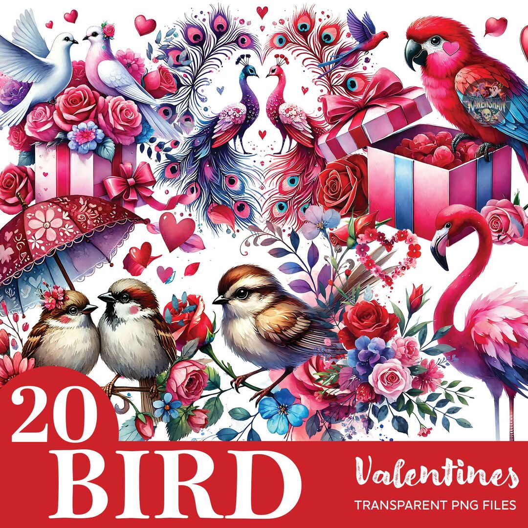 Valentine Bird Clipart Bundle, 20 PNG Valentine Day, Cute Bird Clipart ...