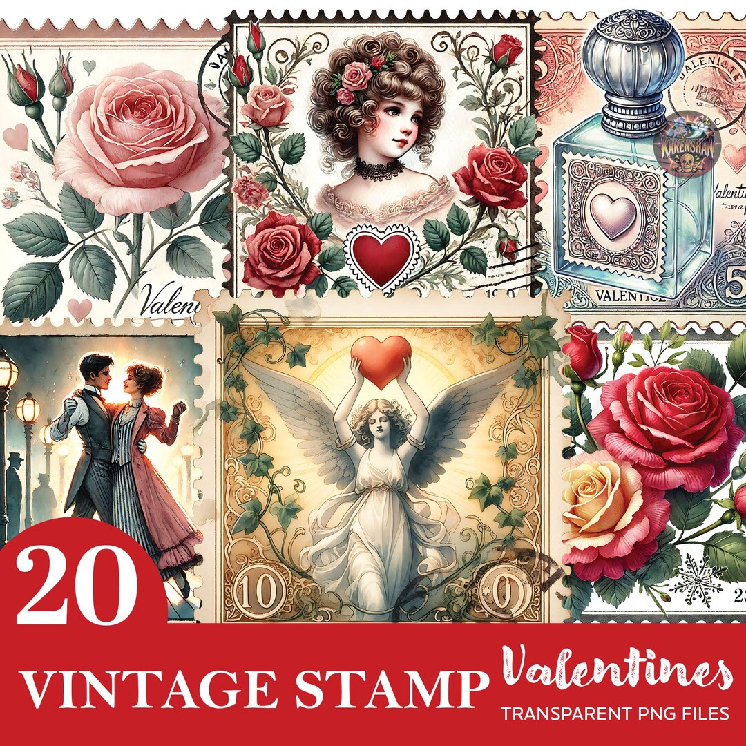 Vintage Stamp Clipart Bundle, 20 PNG Valentines Day, Romantic Roses ...
