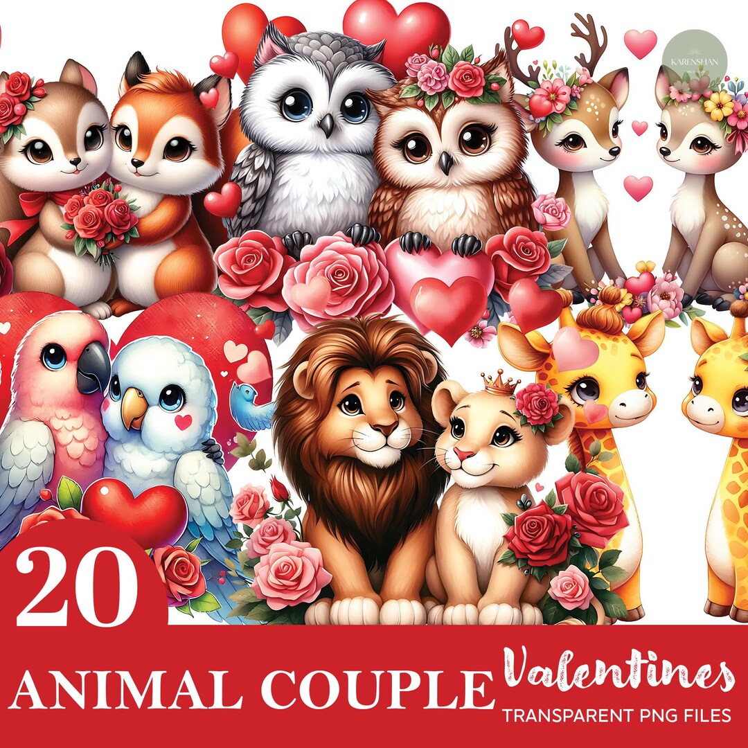 20 Watercolor Valentine Animal Couple Clipart Bundle, Cute Romatic ...