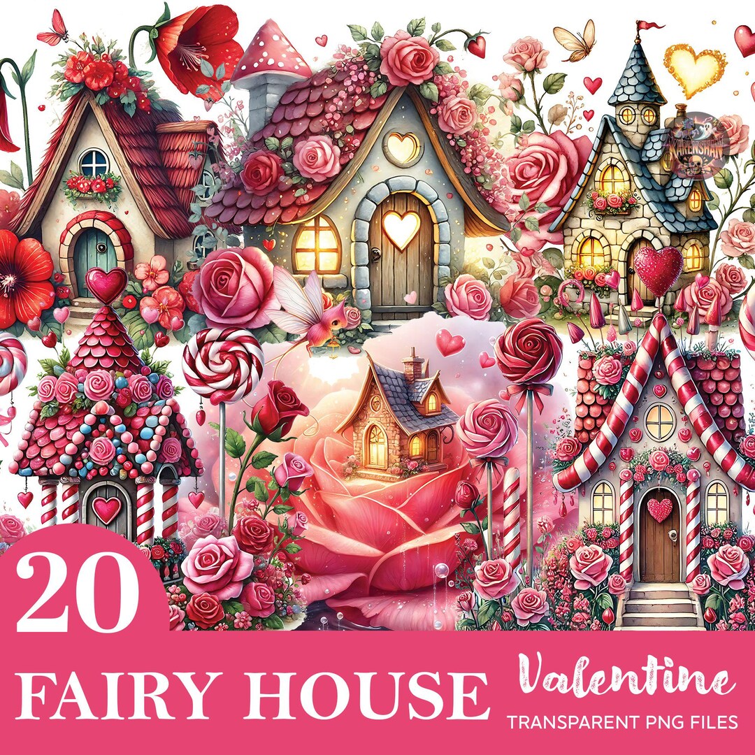 Valentine Cottage Clipart Bundle, 20 PNG Valentine, Love House Clipart ...
