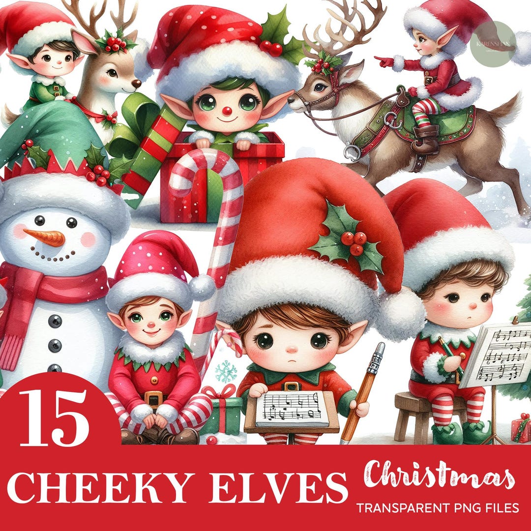 15 Watercolor Cheeky Christmas Elves Clipart Bundle, Elf on the Shelf ...
